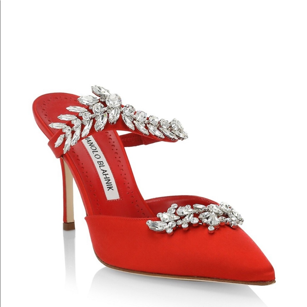 Manolo Blahnik Lurum 90 Embellished Satin Mules - Gem